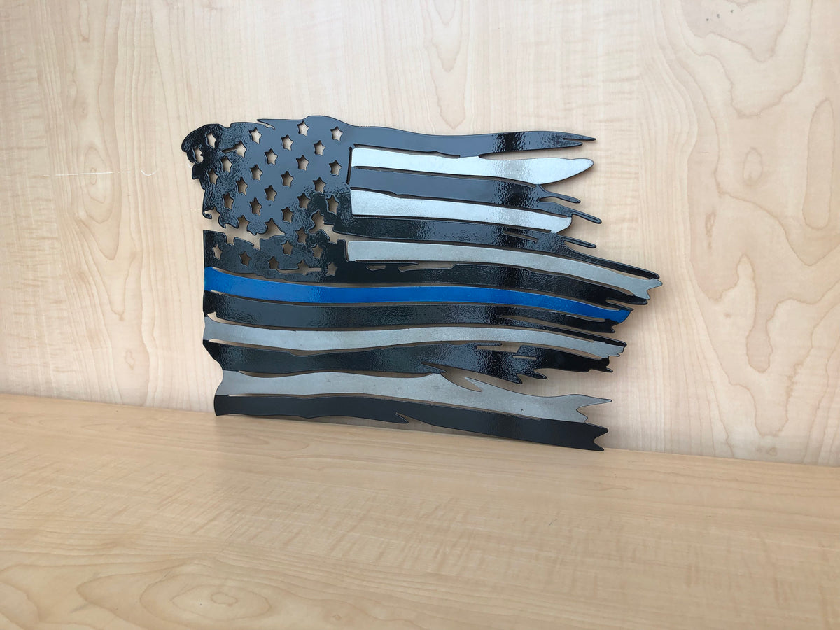 Custom Police Thin Blue Line Tattered Flag Metal Wall Art | Retirement ...